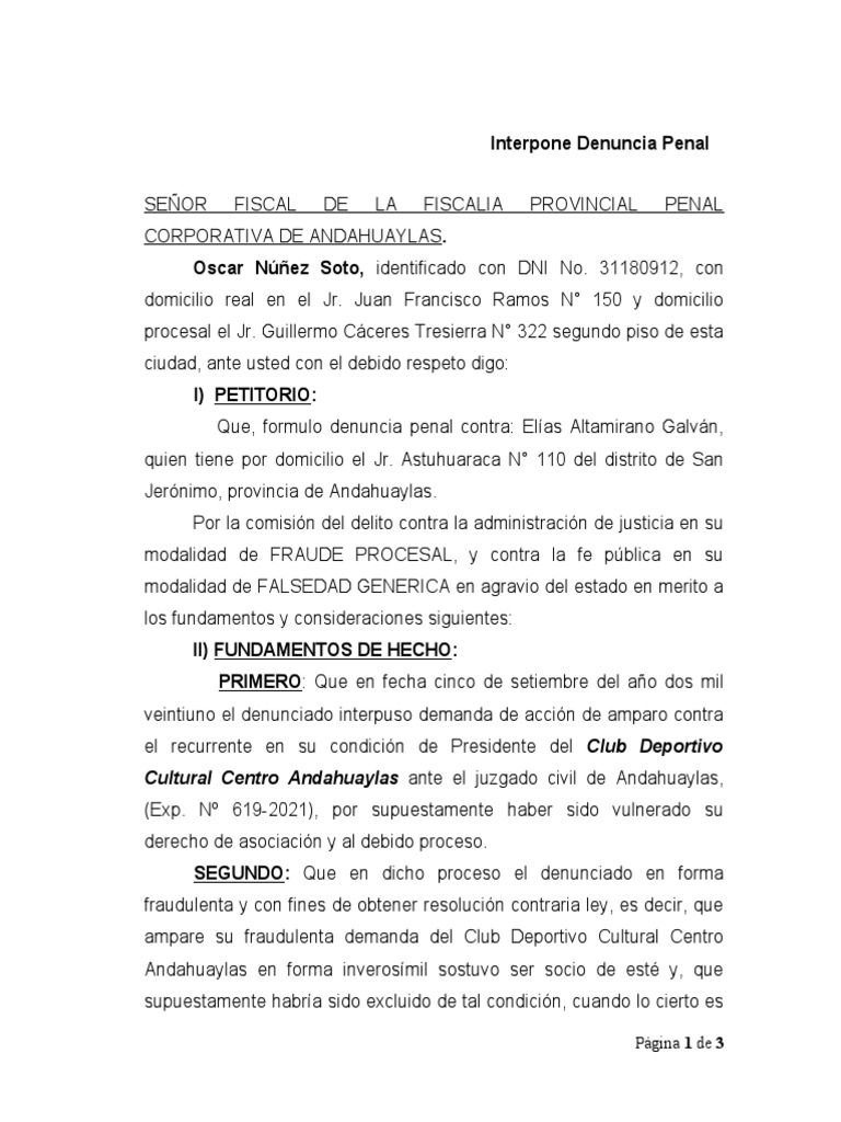 Denuncia Penal | PDF | Demanda judicial | Gobierno