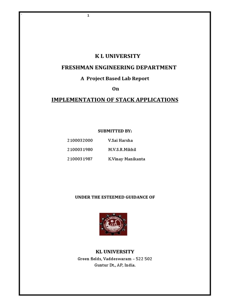 K L University Freshman Engineering Department: A Project Based Lab Report On | PDF | Subroutine ...