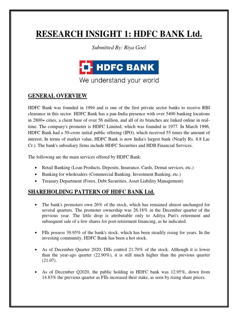 Research Insight 1: HDFC Bank LTD.: General Overview | PDF | Banks | Stocks
