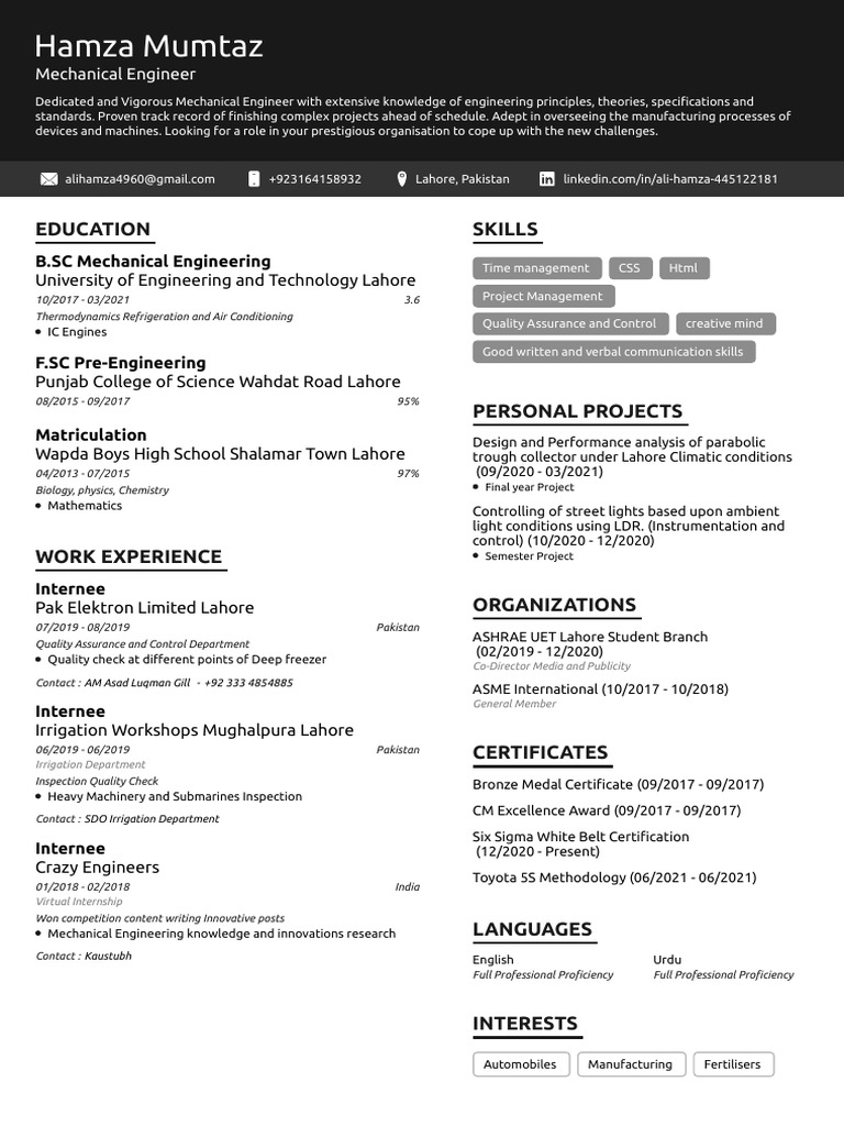 Hamza Mumtaz: Education Skills | PDF | Mechanical Engineering | Engineering