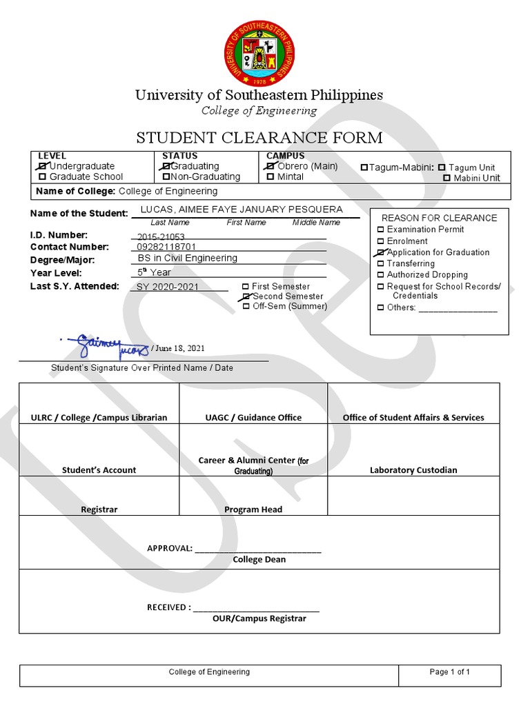 Student Clearance Form: University of Southeastern Philippines | PDF ...