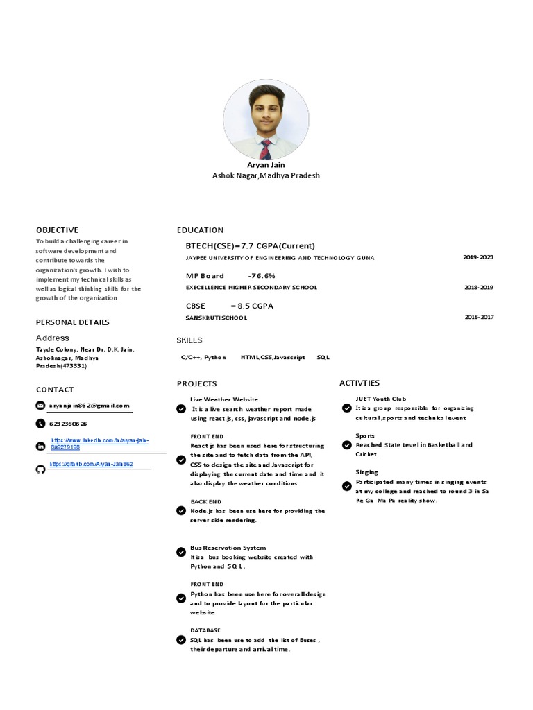 Aryan Jain Resume | PDF | Java Script | Information Technology Management