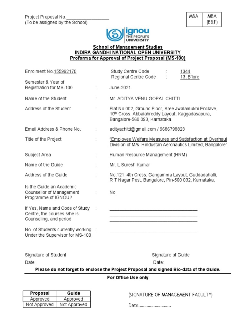 Proforma For Approval of Project Proposal (MS-100) | PDF
