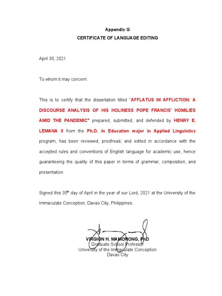 Appendix G Certificate of Language Editing | PDF | Language Arts & Discipline