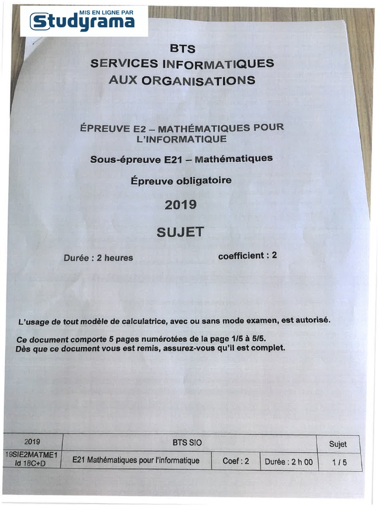 Sujet BTS Sio Maths 2019 | PDF