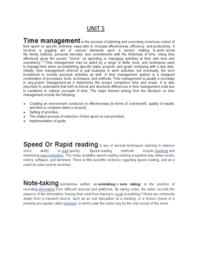 Time Management: Unit 5 | PDF | Professional Skills | Time Management