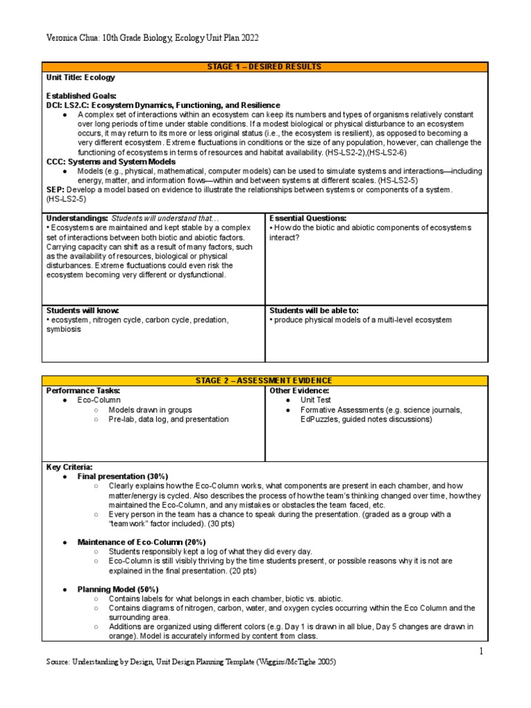 10th Grade Ecology Unit Plan 2022 | PDF | Ecosystem | Ecology