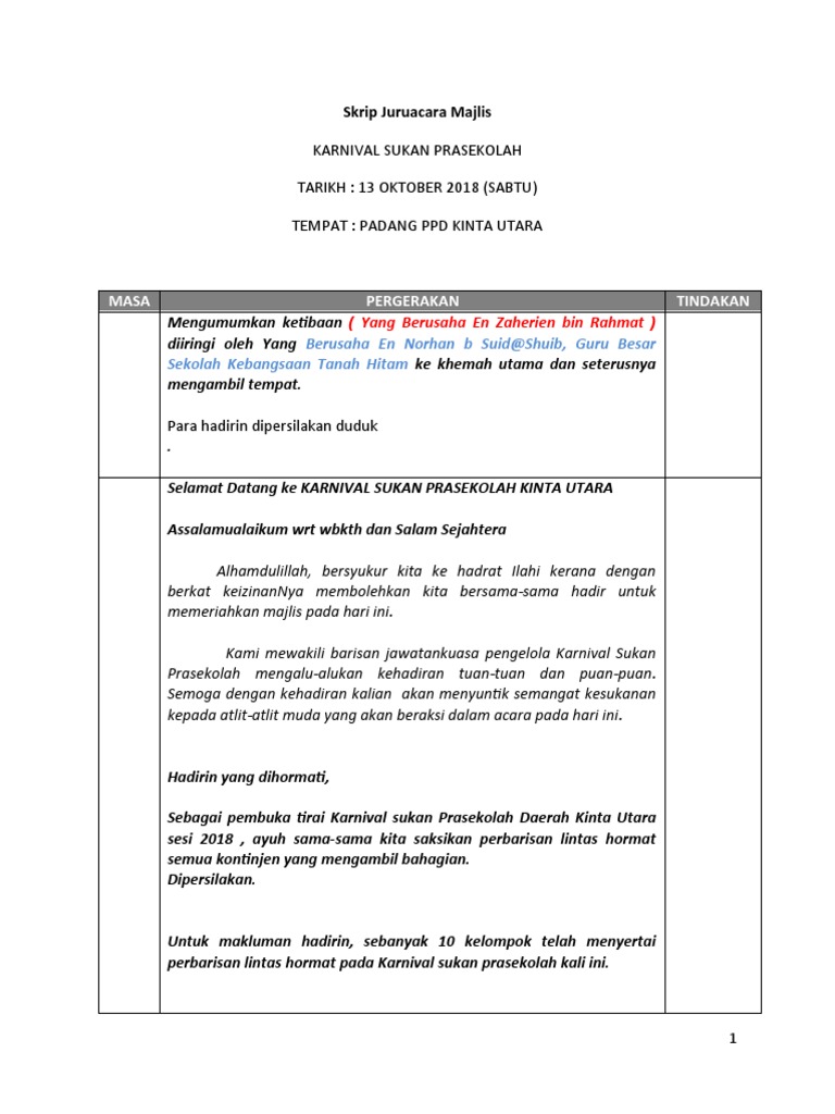 Skrip EMCEE KARNIVAL SUKAN PRA SEKOLAH KINTA UTARA 2018 | PDF