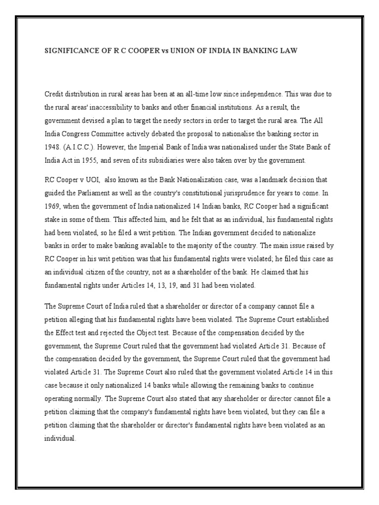 Significance of R C Cooper Vs Union of India in Banking Law | PDF ...