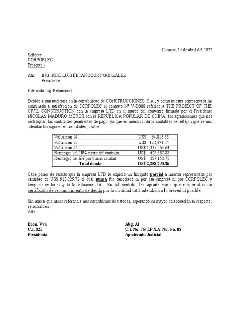 Carta Solicitando Certificacion de Deuda | PDF