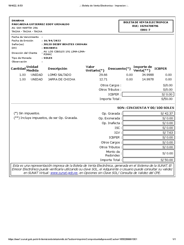 Boleta de Venta Electronica EB01 7 | PDF