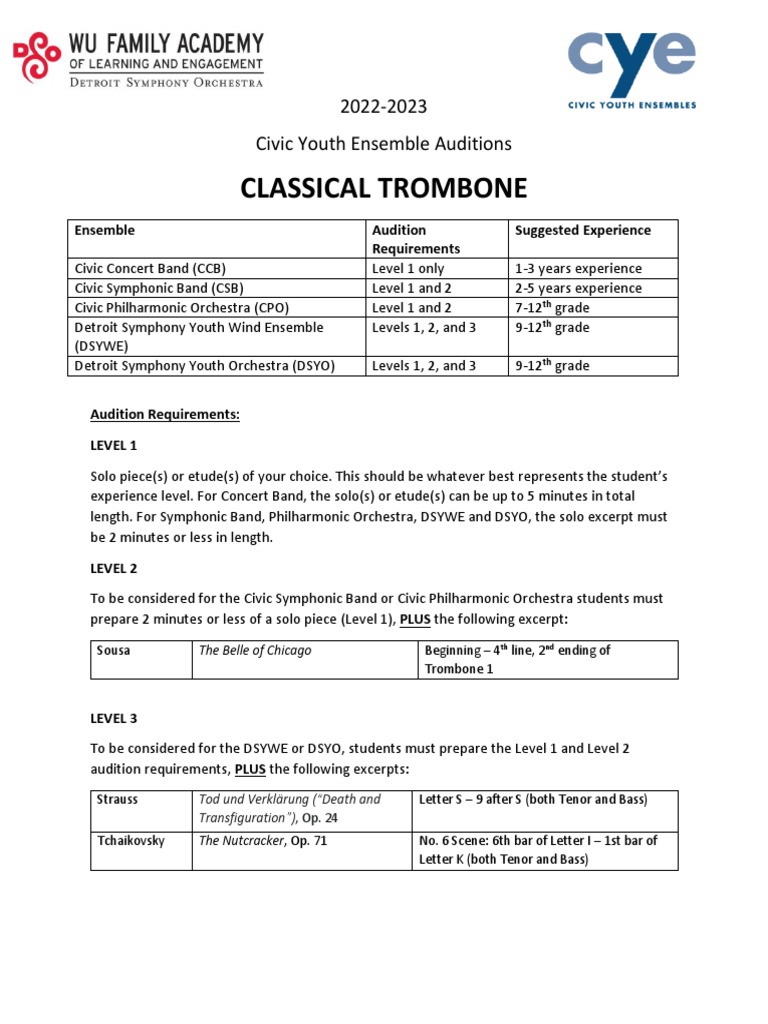 Classical Trombone: 2022-2023 Civic Youth Ensemble Auditions | PDF | Orchestras | Trombone