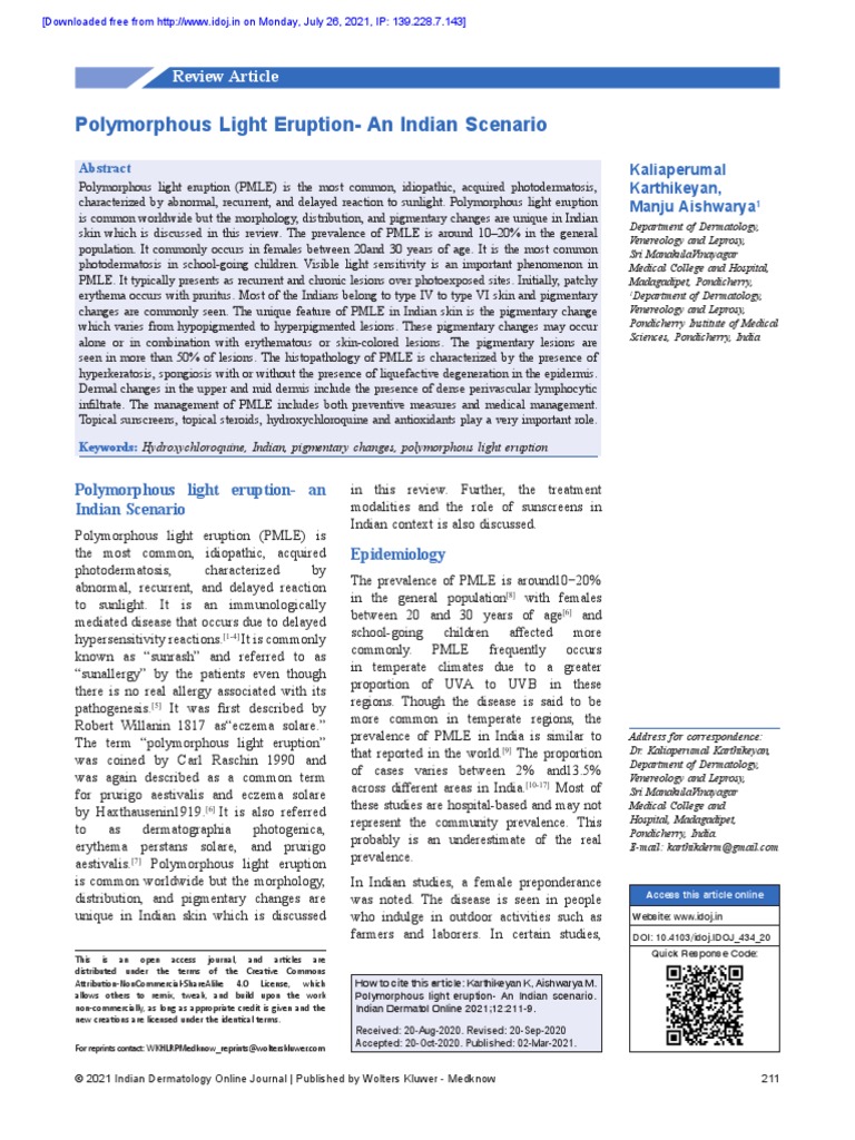 Polymorphous Light Eruption-An Indian Scenario: Review Article | PDF ...