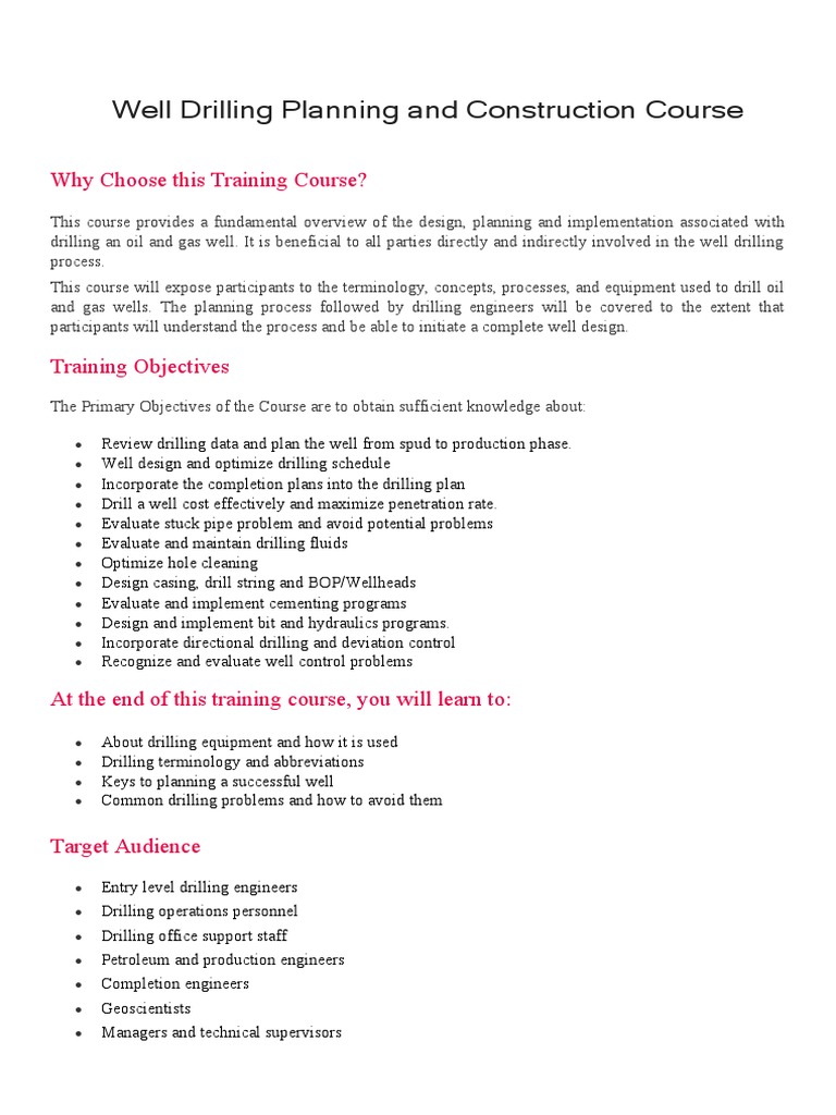Well Drilling Planning Course Overview | PDF | Casing (Borehole) | Oil Well