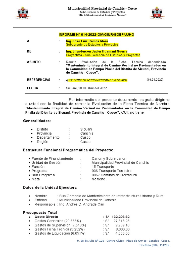 INFORME #114 Ficha Tecnica Mantenimiento Eval | Descargar gratis PDF | Infraestructura | Transporte