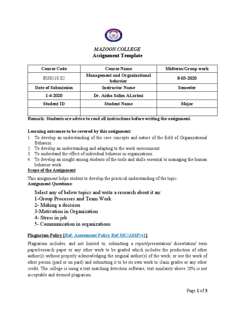 Assignment Template: Mazoon College | PDF | Plagiarism | Citation