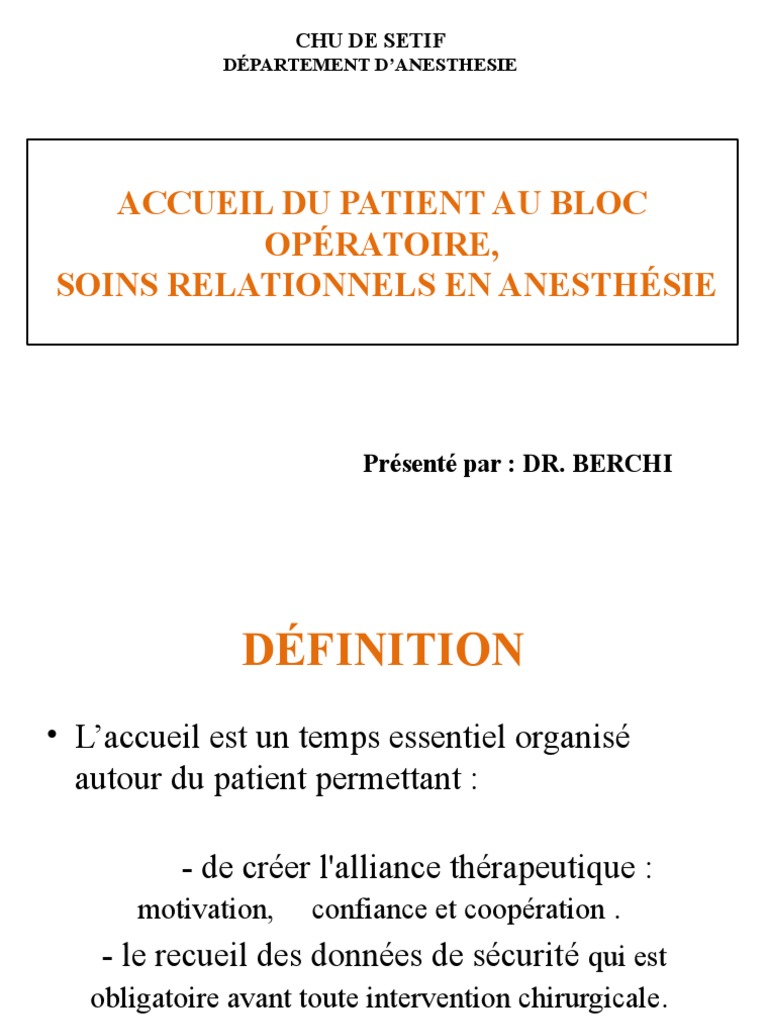 Accueil Du Patient Au Bloc Opératoire | PDF | Anesthésie | Maladies et ...