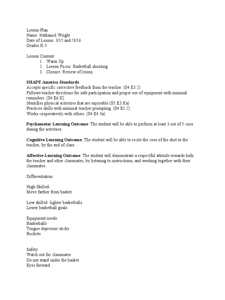 Basketball Shooting Lesson Plan K-5 | PDF | Lesson Plan | Learning