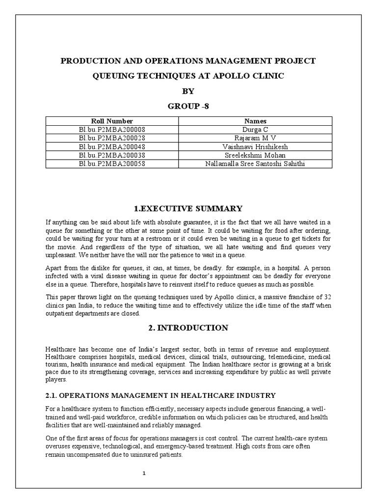 Production and Operations Management Project Queuing Techniques at Apollo Clinic BY Group - 8 ...