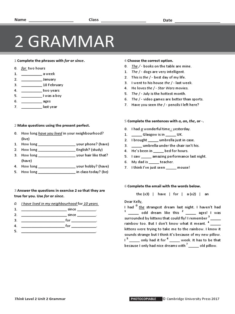 THINK L2 Unit 2 Grammar | PDF | Linguistics