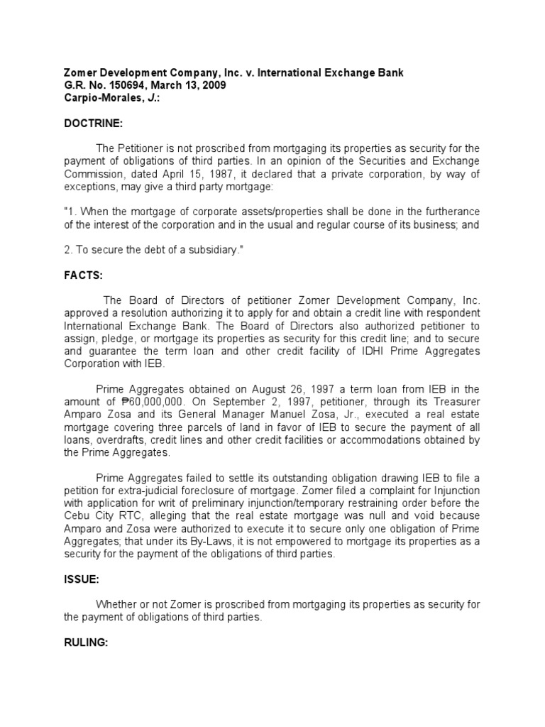 Zomer Development Company, Inc. v. International Exchange Bank | PDF ...