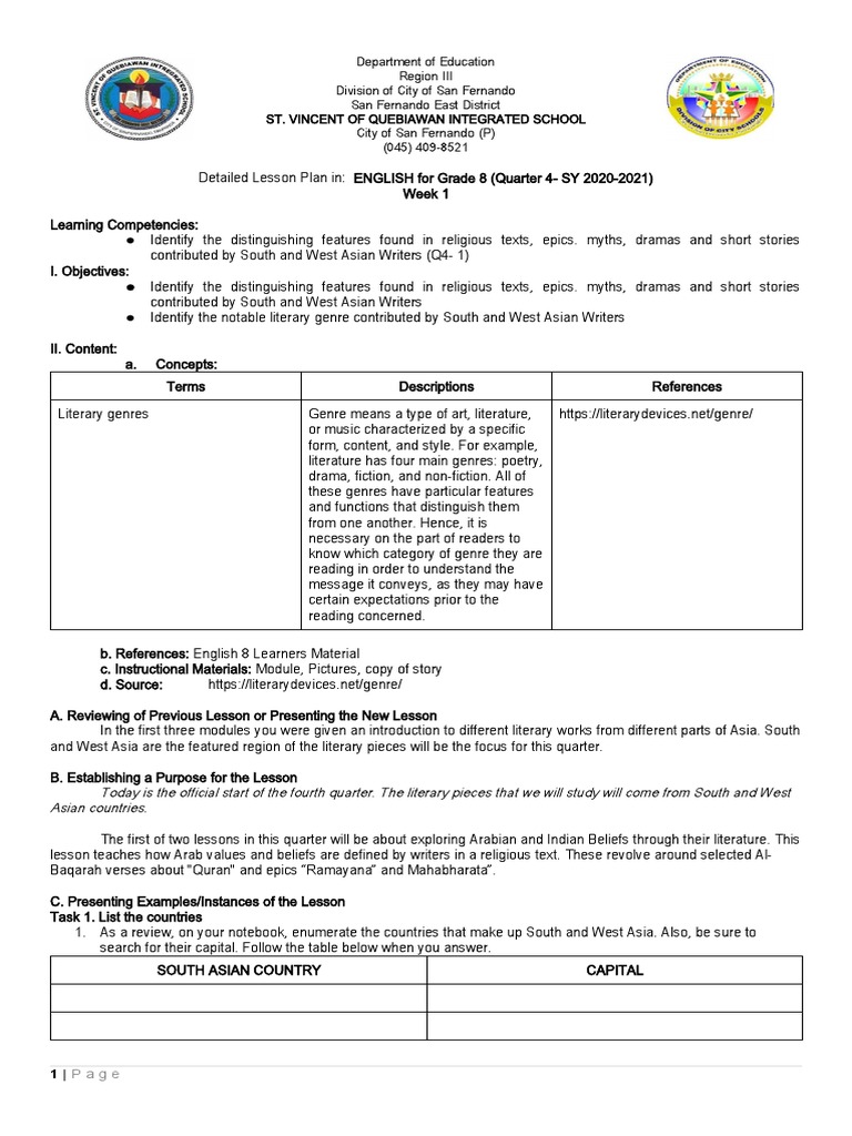 Grade 8 English Lesson Plan: Asian Literature | PDF | Prophets And ...