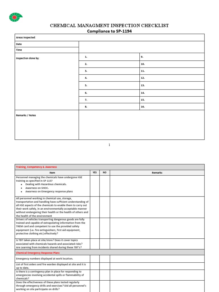 Chemical Management Inspection Checklist | PDF | Dangerous Goods | Safety