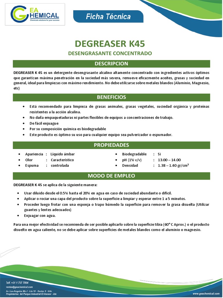 FT Degreaser K45 | PDF | Agua | Detergente
