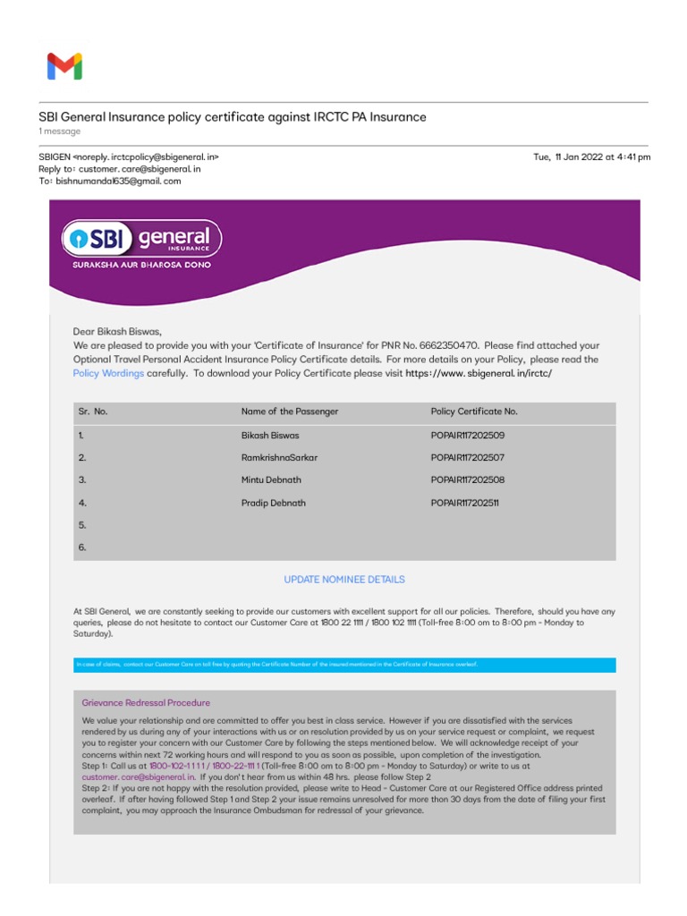 Gmail SBI General Insurance Policy Certificate Against IRCTC PA