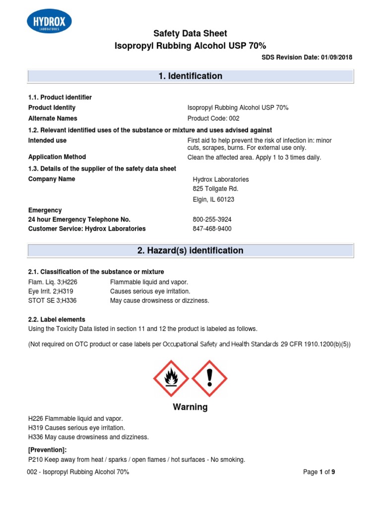 Isopropyl Alcohol 70% Safety Data Sheet | PDF | Toxicity | Chemistry