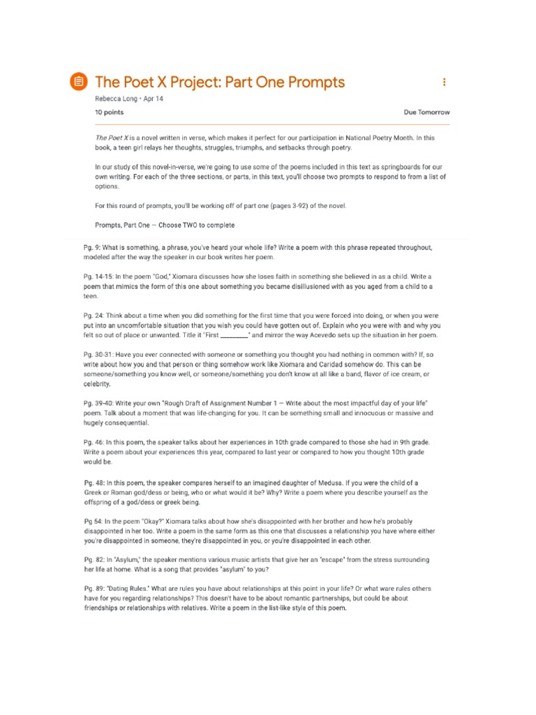 Poet X Part One Prompts 1 | PDF