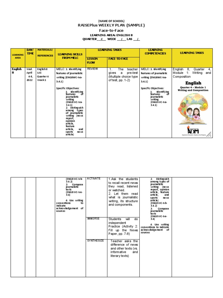 Raiseplus Weekly Plan English Subject - Sample Only Region 5 | PDF | Learning | News