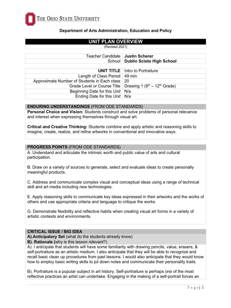 Intro to Portraiture Unit Plan | PDF | Drawing | Classroom