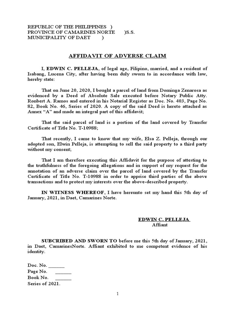 Affidavit of Adverse Claim Example | PDF | Politics | Social Science