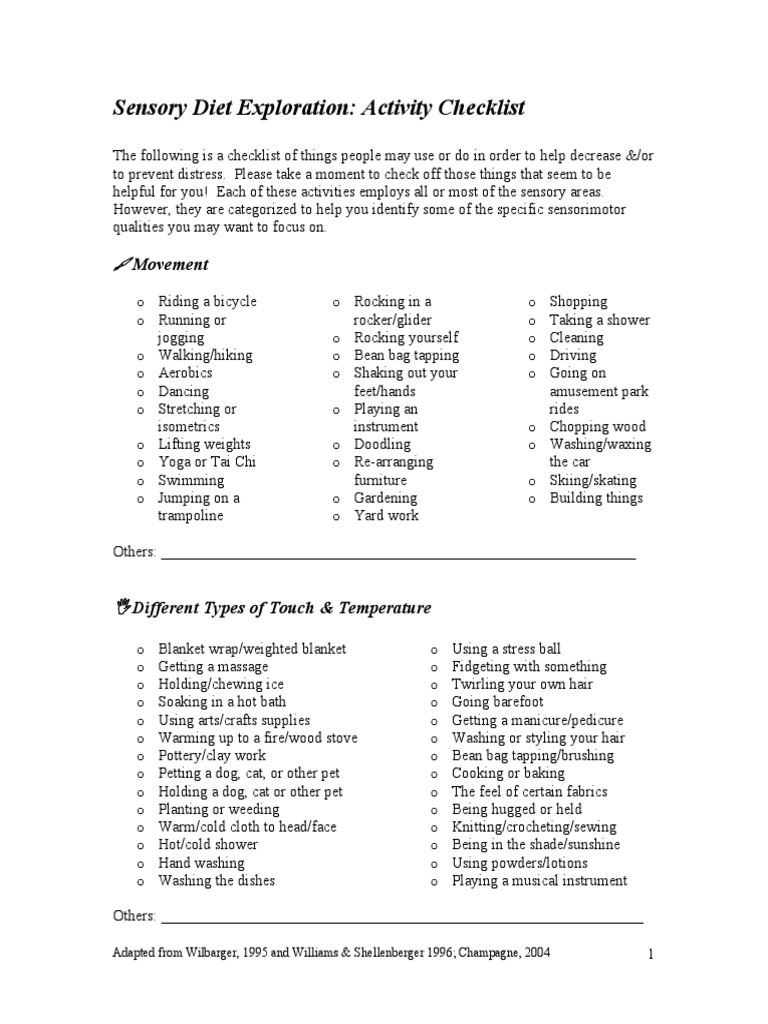 Sensory Diet Exploration: Activity Checklist: Movement | PDF | Mentha ...
