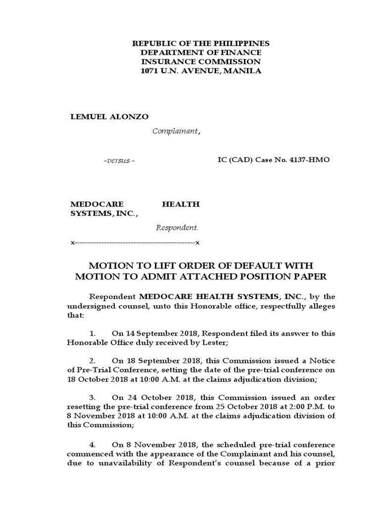 Motion To Lift Order of Default With Position Paper | PDF | Common Law ...