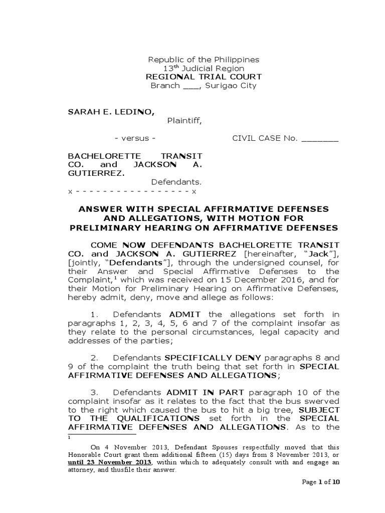 Defendants' Answer and Affirmative Defenses | PDF | Complaint | Negligence