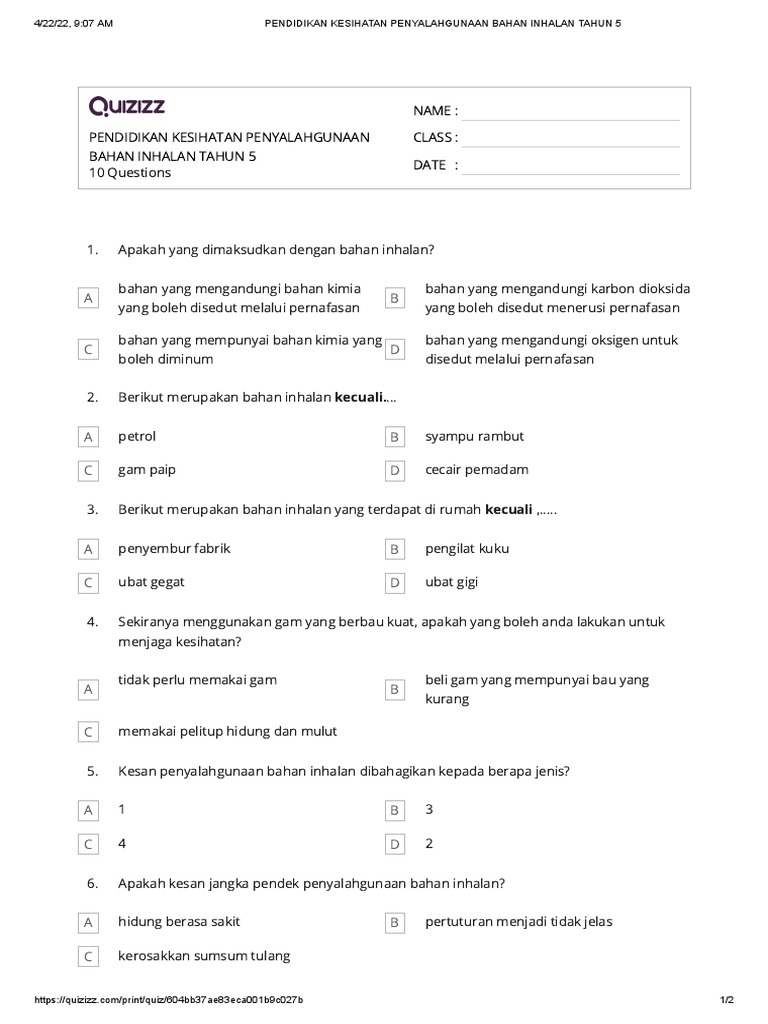 Pendidikan Kesihatan Penyalahgunaan Bahan Inhalan Tahun 5 | PDF