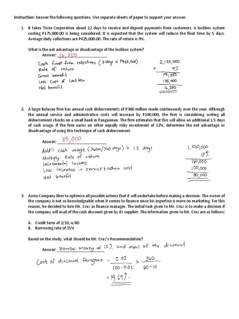 Cash Management Assignment - Answer | PDF | Cash | Discounting