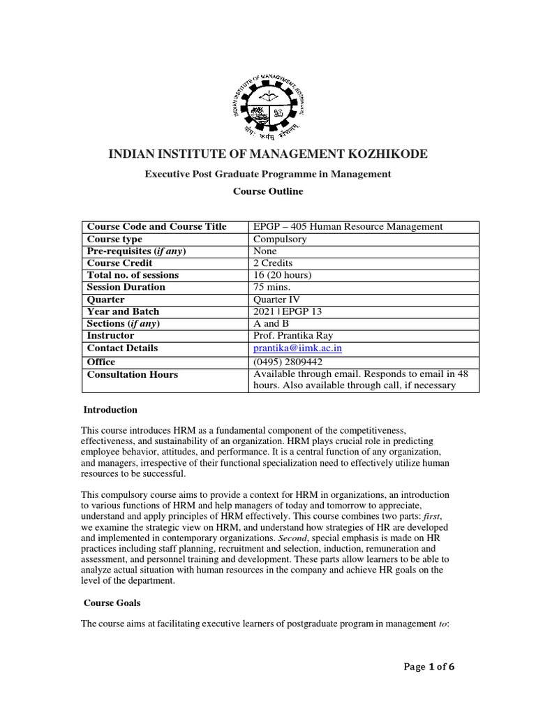 HRM Course Outline - EPGP 13 - AY 2021-22 - Prantika | PDF | Human ...