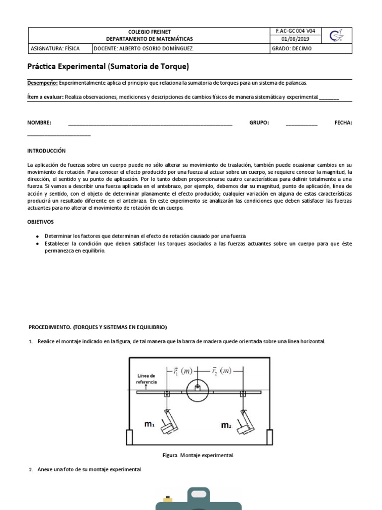 Laboratorio - Torque Ejercido Por Una Fuerza. | PDF | Fuerza | Experimentar
