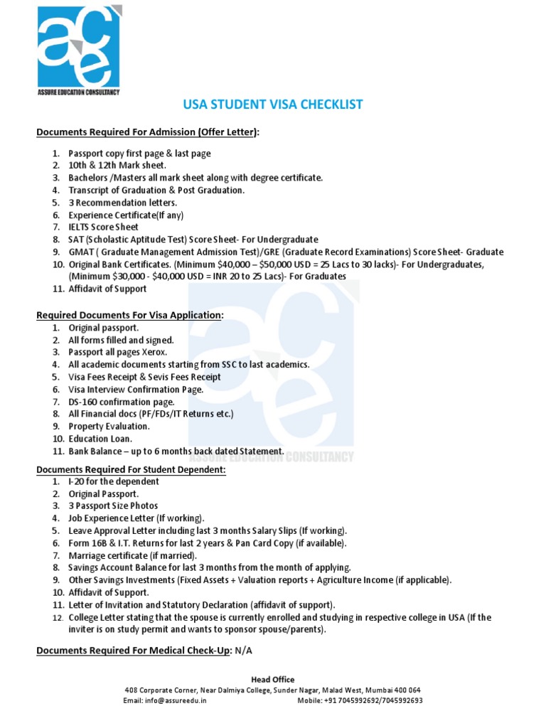 Usa Student Visa Checklist: Documents Required For Admission (Offer ...