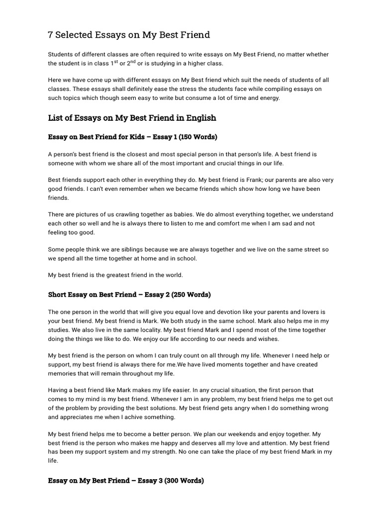 List of Essays On My Best Friend in English | PDF | Love | Friendship
