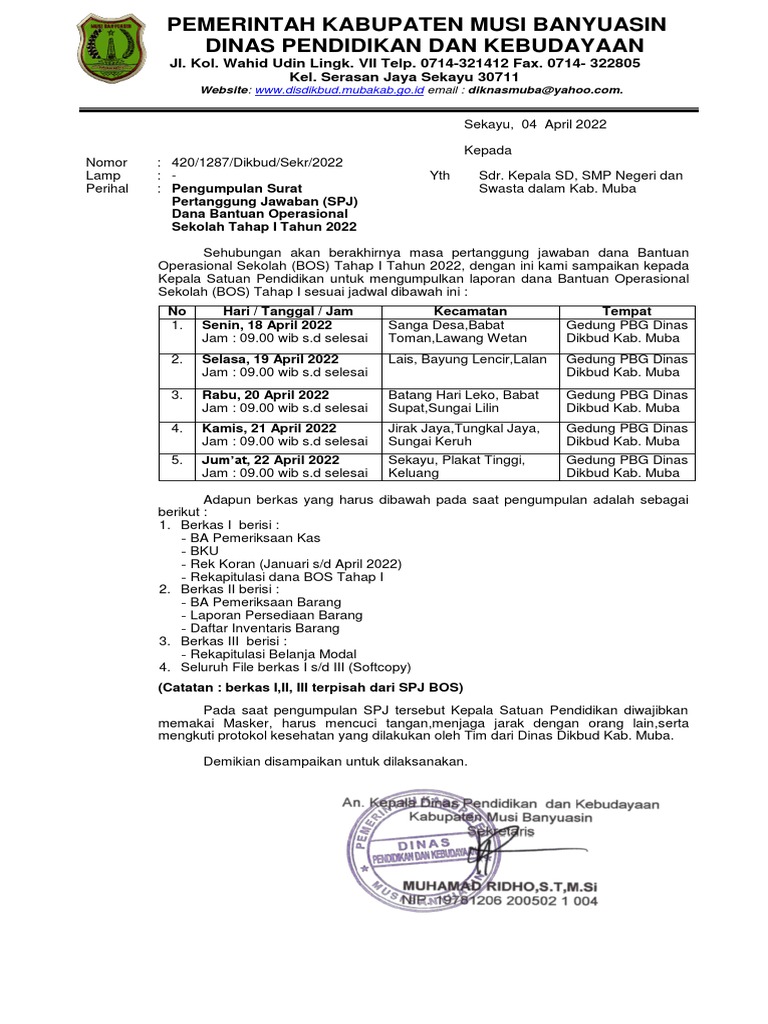Surat Pengumpulan SPJ BOS Tahap 1 | PDF