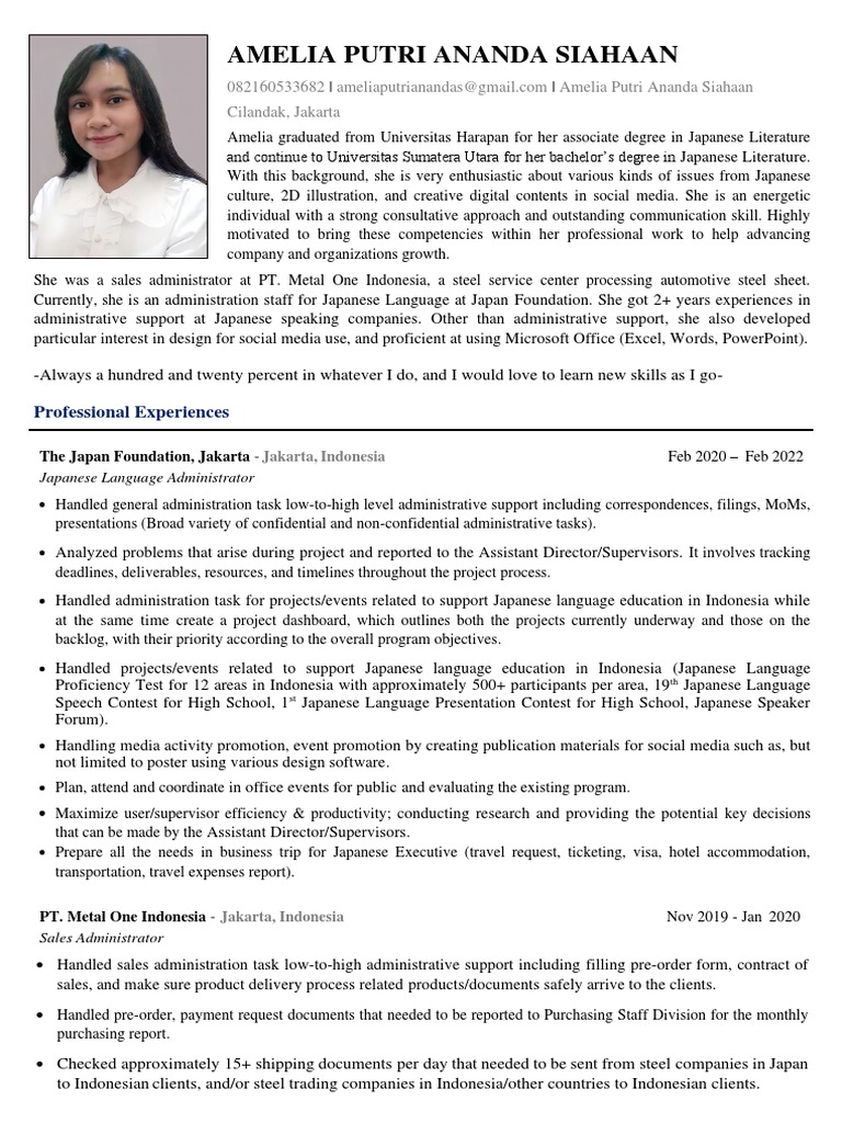 (CV) Amelia Putri Ananda Siahaan | PDF | Sales | Communication