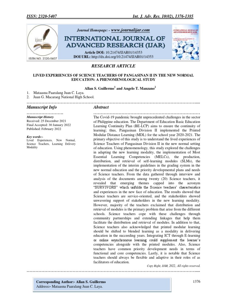 Lived Experiences of Science Teachers of Pangasinan Ii in The New ...