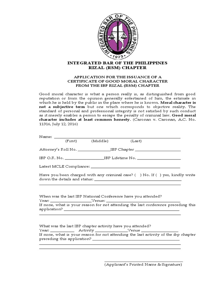 IBP Rizal Chapter Good Moral Character Application | PDF | Social ...