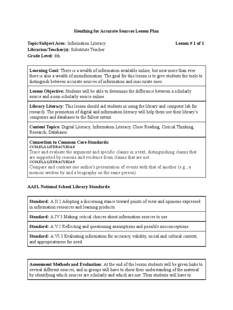 Lesson Plan for Evaluating Sources | PDF | Science & Mathematics
