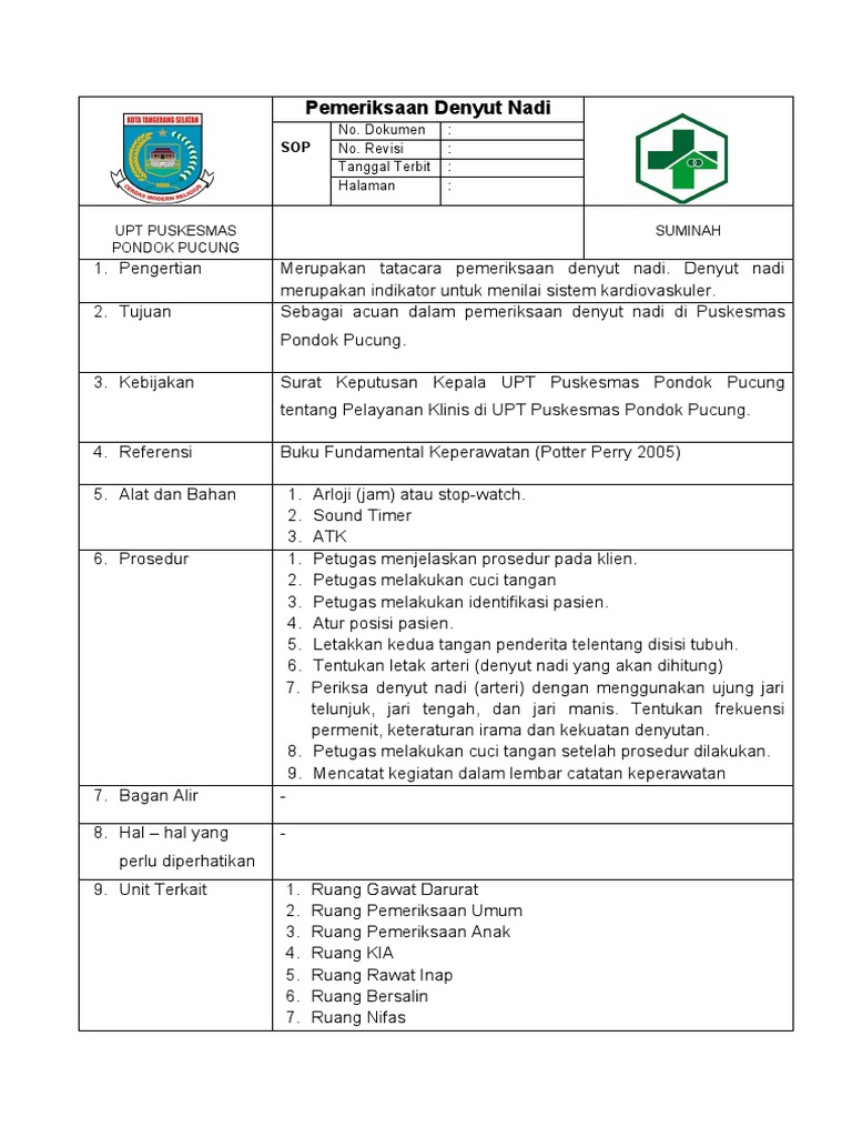 Sop Pemeriksaan Denyut Nadi | PDF | Pengembangan Diri | Sains & Matematika