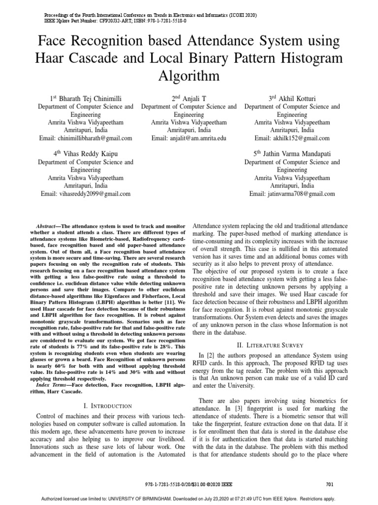 Face Recognition Based Attendance System Using Haar Cascade and Local Binary Pattern Histogram ...